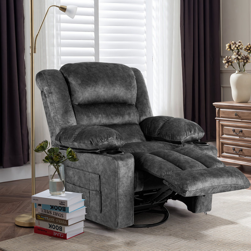 Wide Velvet Upholstered Swivel Rocker Recliner Chair Gray